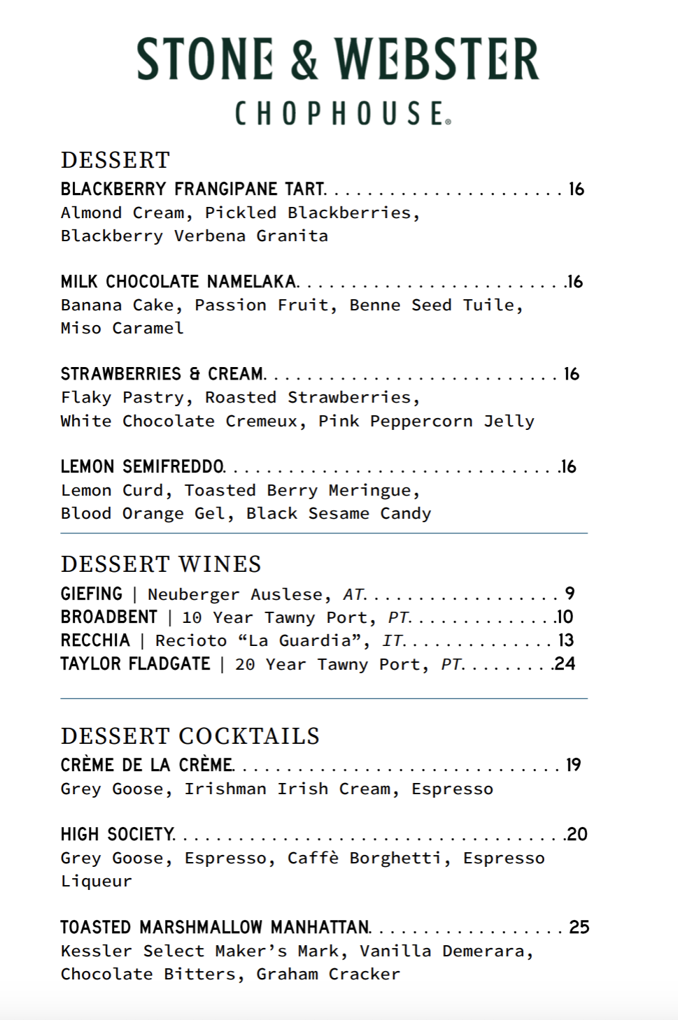 Stone & Webster Chophouse Menu | Prime Steaks in Savannah